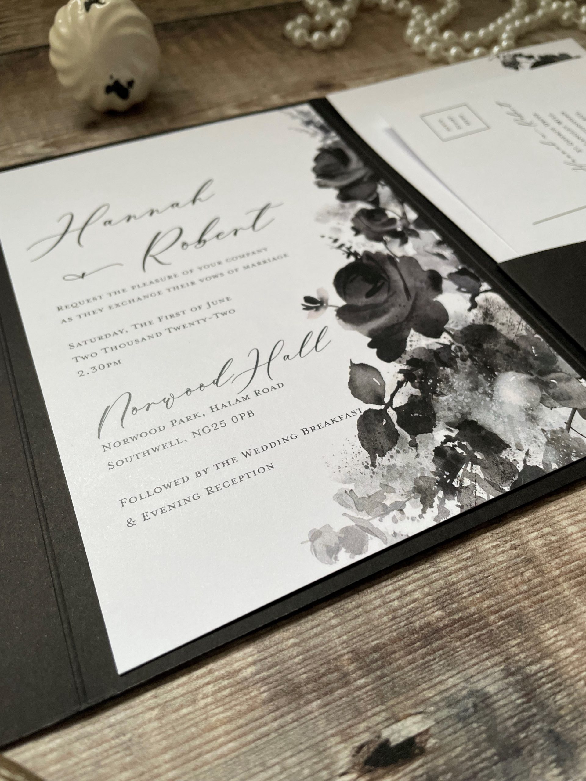 Black Pocketfold Wedding Invitation with watercolour flowers – Wedding ...