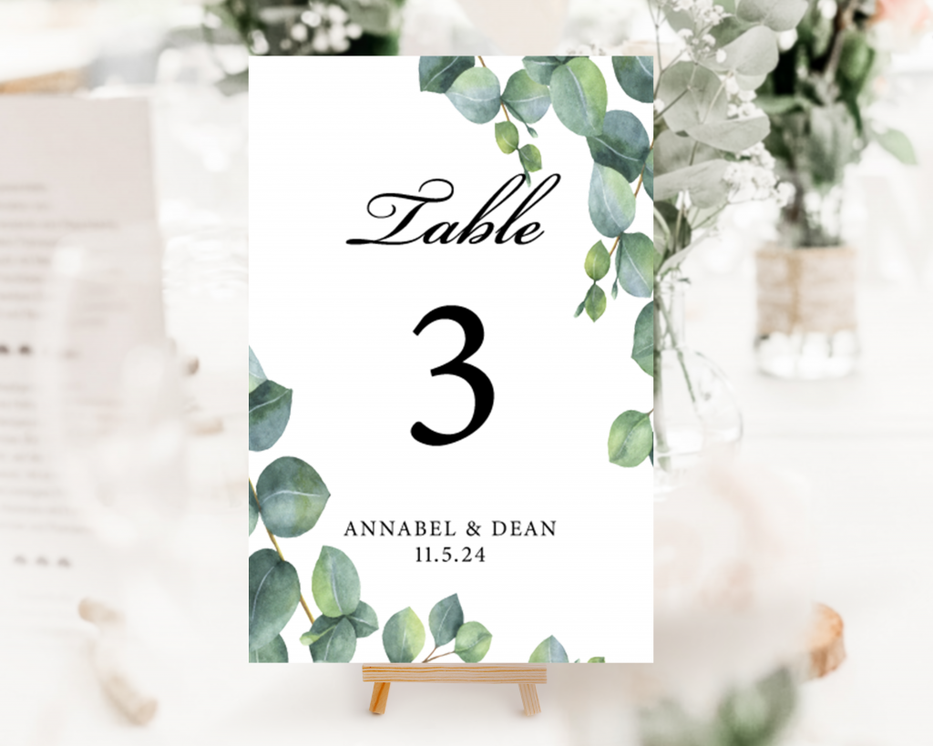 Eucalyptus table number – Wedding Invitations by Clare