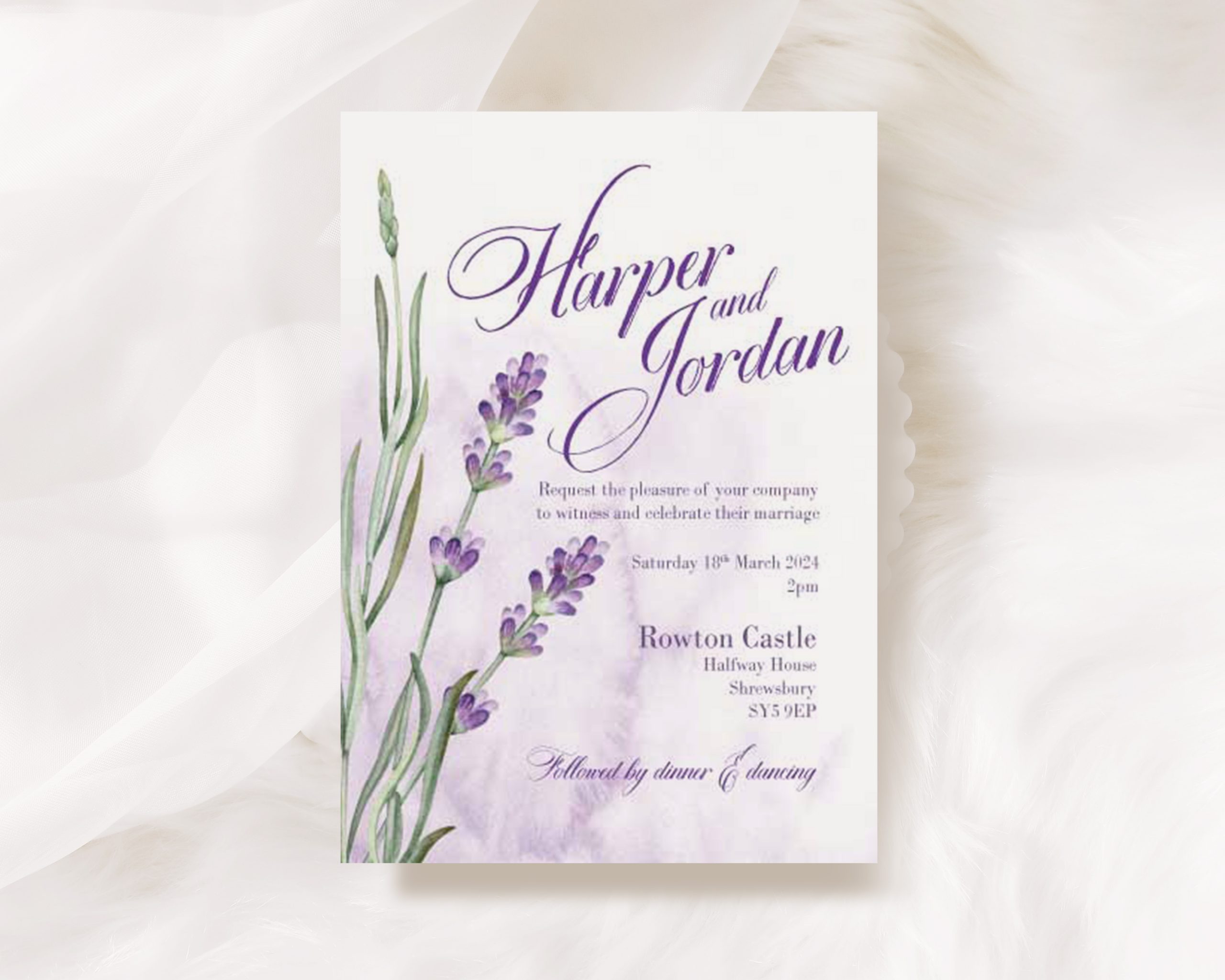 Lavender Watercolour Invitation and Envelope – Wedding Invitations by Clare