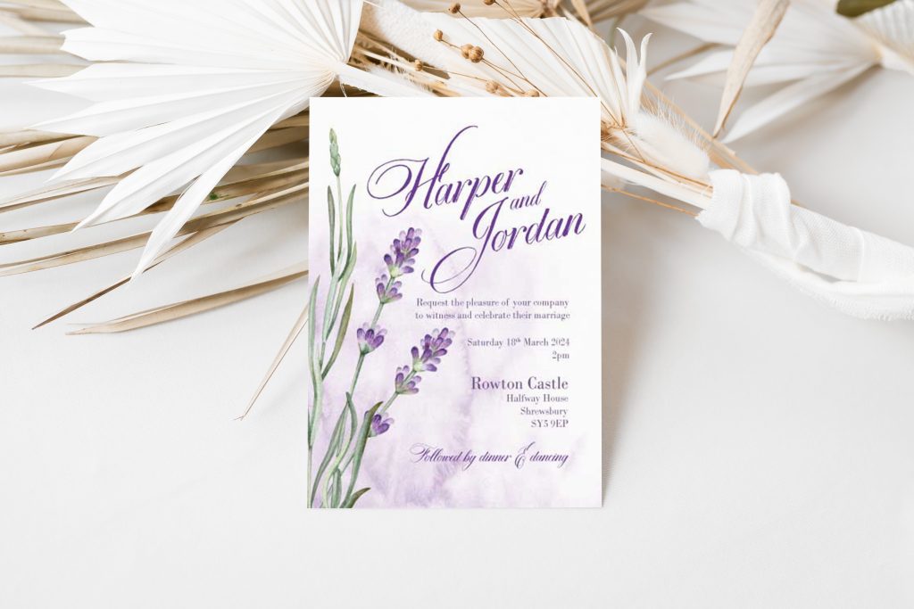Lavender Watercolour Invitation and Envelope – Wedding Invitations by Clare